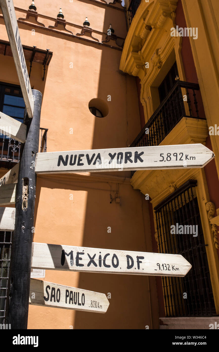 Pole guidepost with multiple destination cities of the world on arrows ...