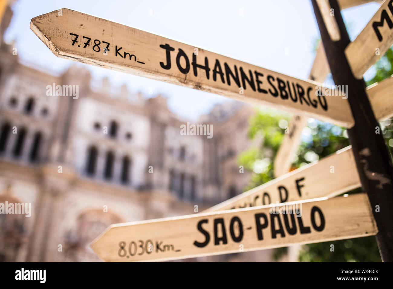 Pole guidepost with multiple destination cities of the world on arrows ...
