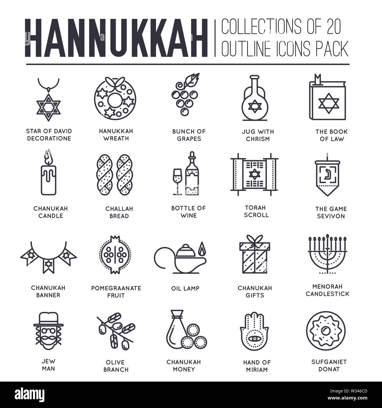 Set of hanukkah decor and attributes thin line icons on white. Jewish ...