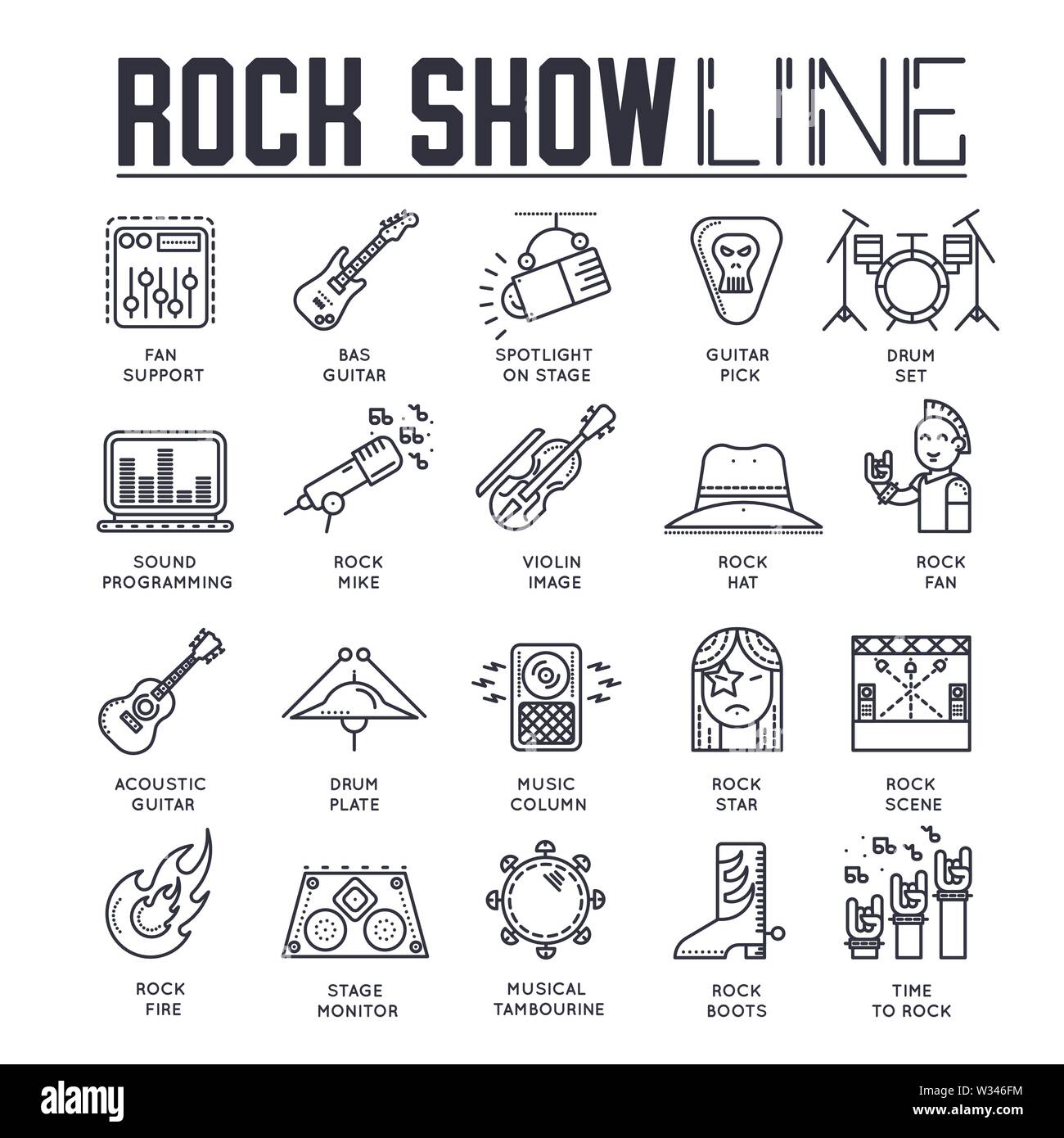 Set of rock show thin line icons isolated on white. Clothes ...