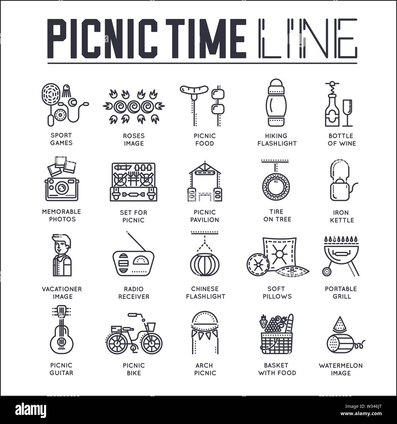 Set of picnic time thin line icons isolated on white. Weekend outdoor ...
