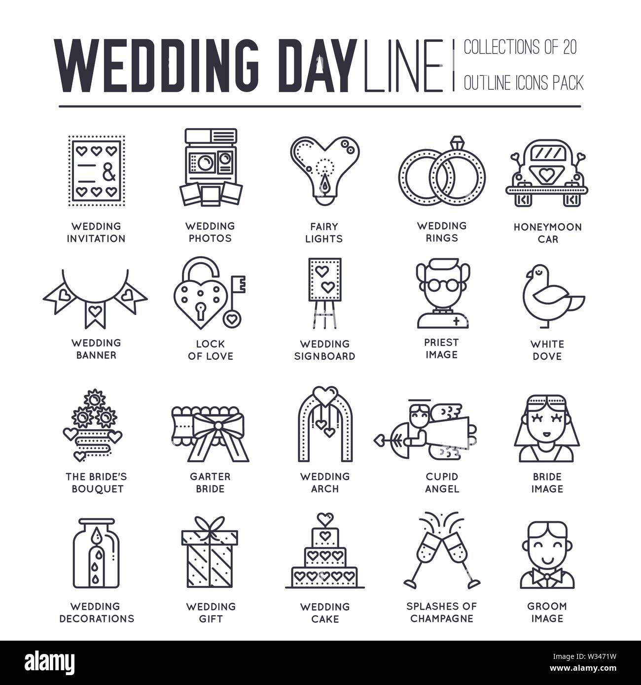 Set of wedding day decoration and attributes thin line icons on white ...