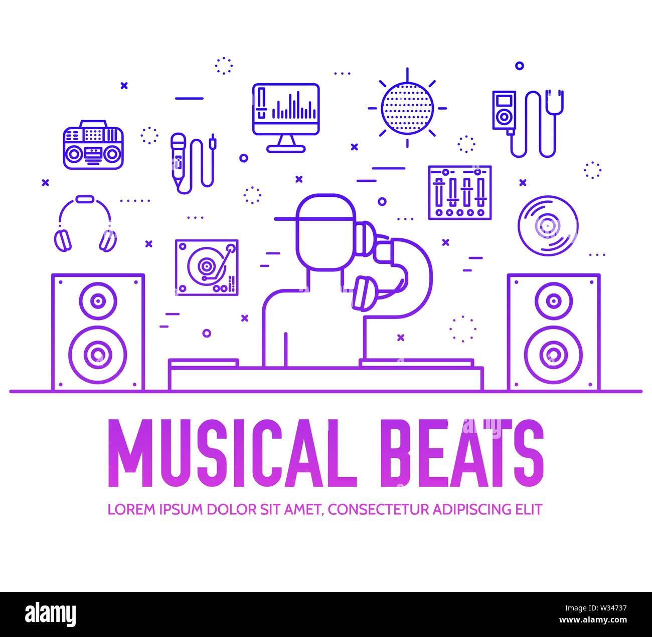 Set of DJ sound and lighting suppliers violet line icons on white ...