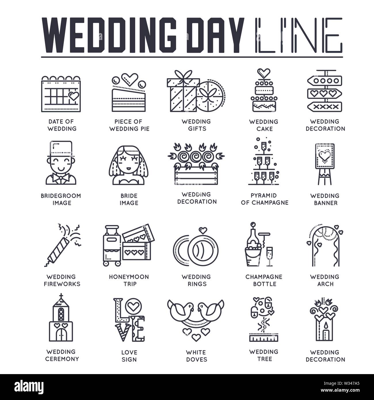 Set of wedding day celebration thin line icons on white. Marriage ...