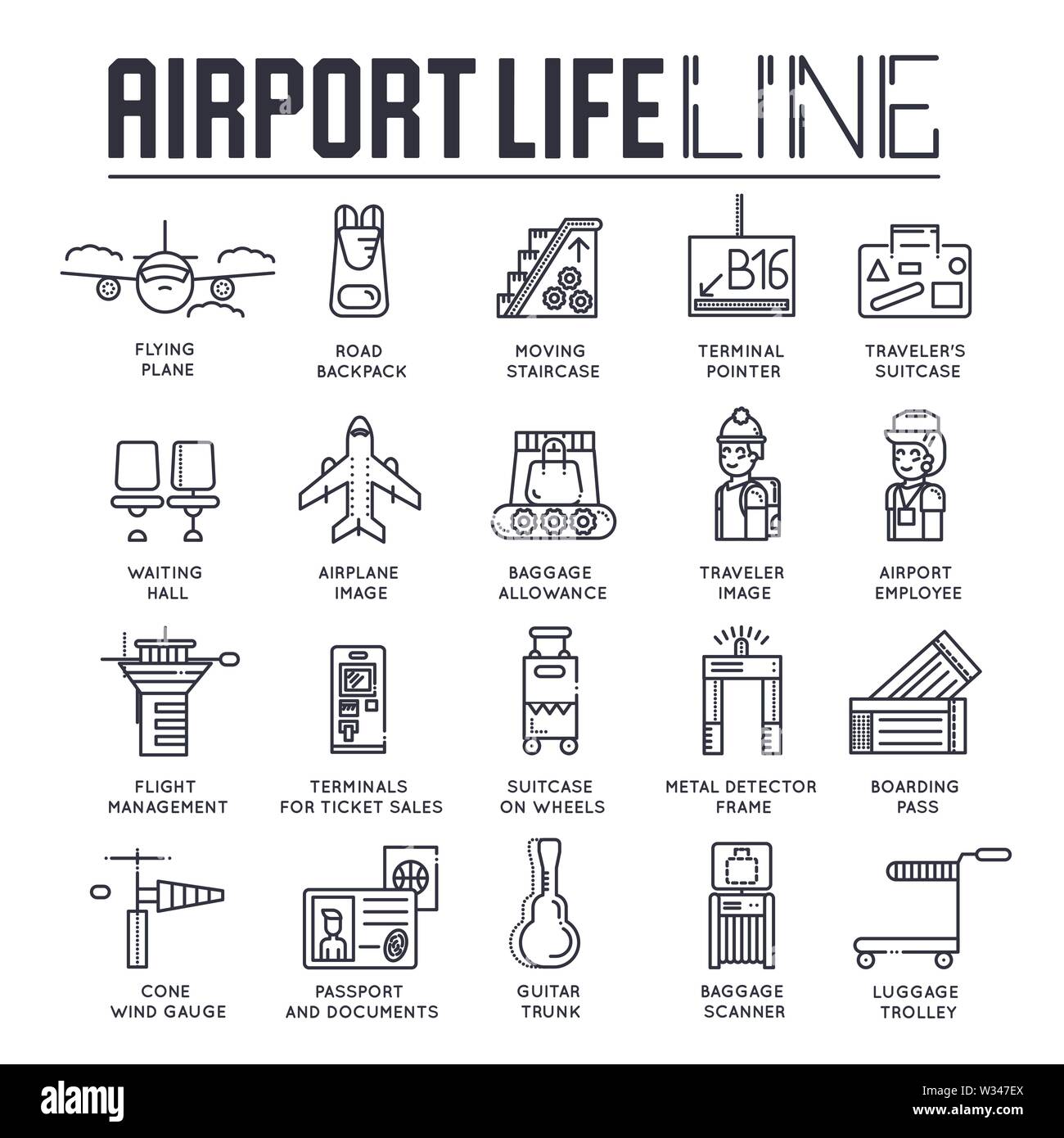Set of thin line icons about business and tourist air trips isolated on ...