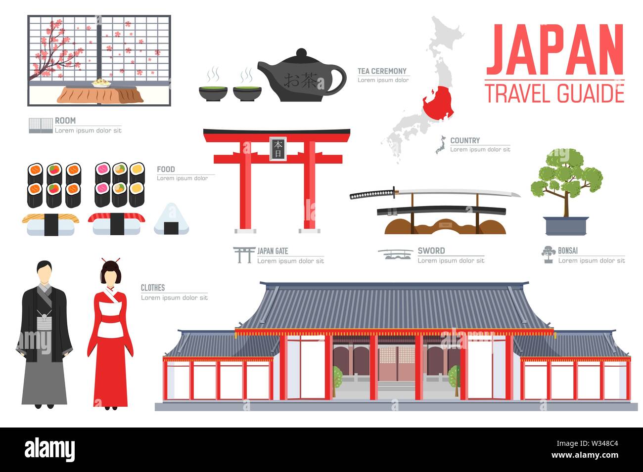 Japan travel guide template. Set of japanese landmarks, cuisine ...