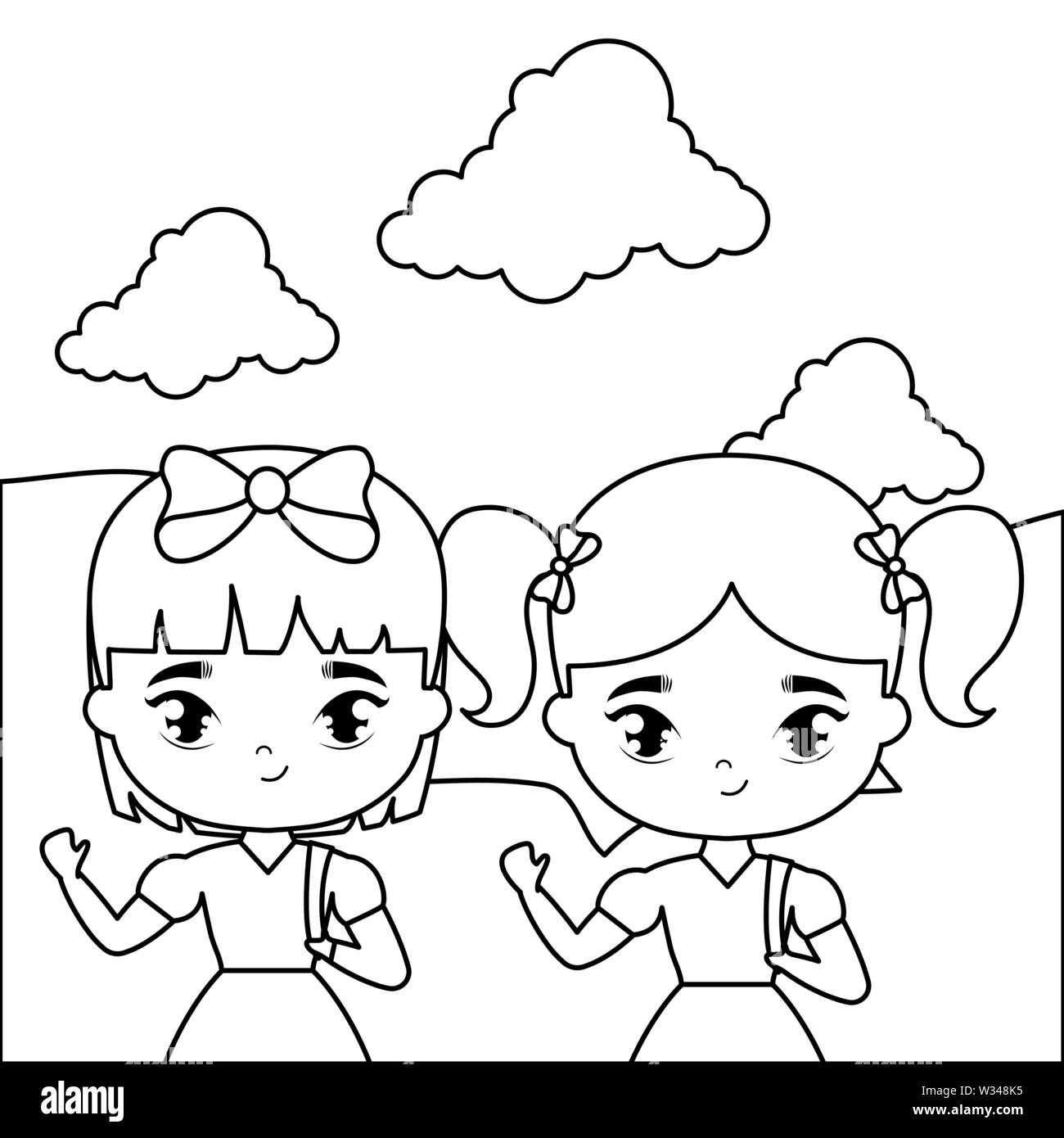 cute little student girls in landscape scene vector illustration design ...