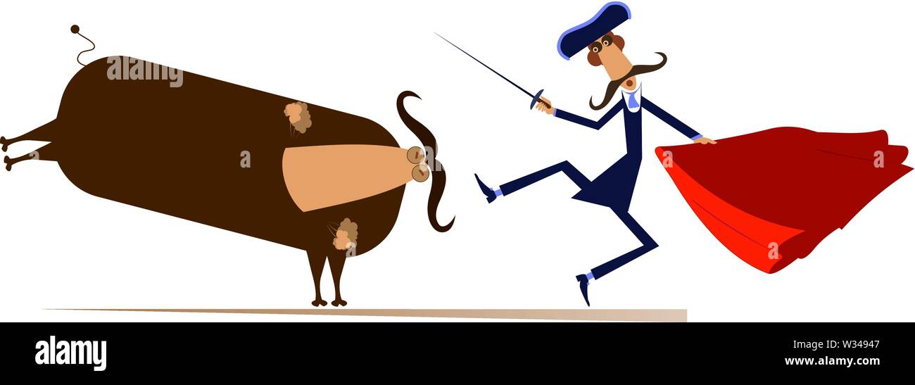 Cartoon bullfighter and a bull isolated illustration. Cartoon long ...