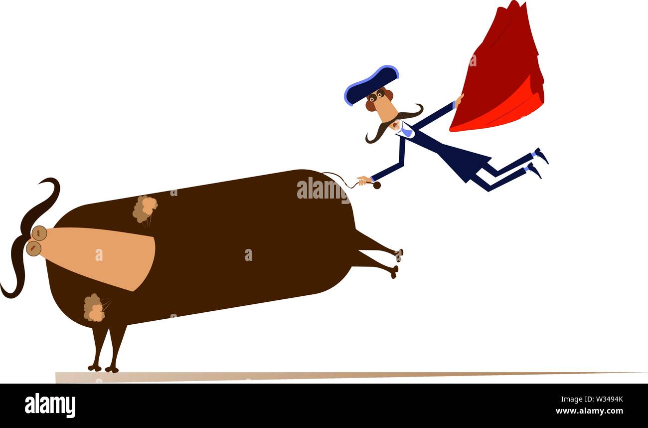 Cartoon bullfighter and a bull isolated illustration. Cartoon long ...