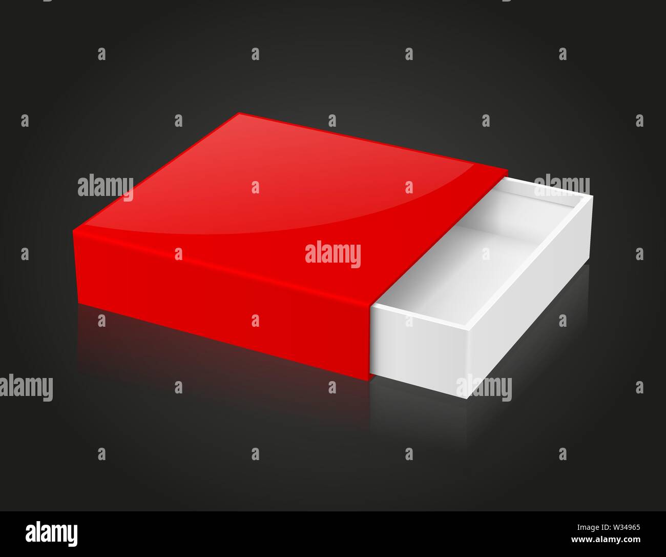 Slider box. Red blank open box mock up on black background Stock Vector ...