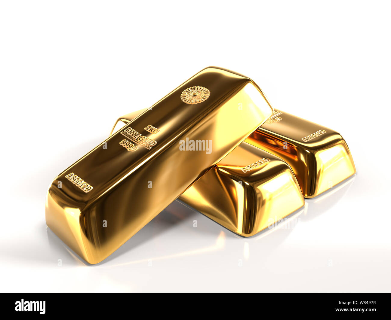 3D rendering of three fine gold ingots with stamp on white background ...