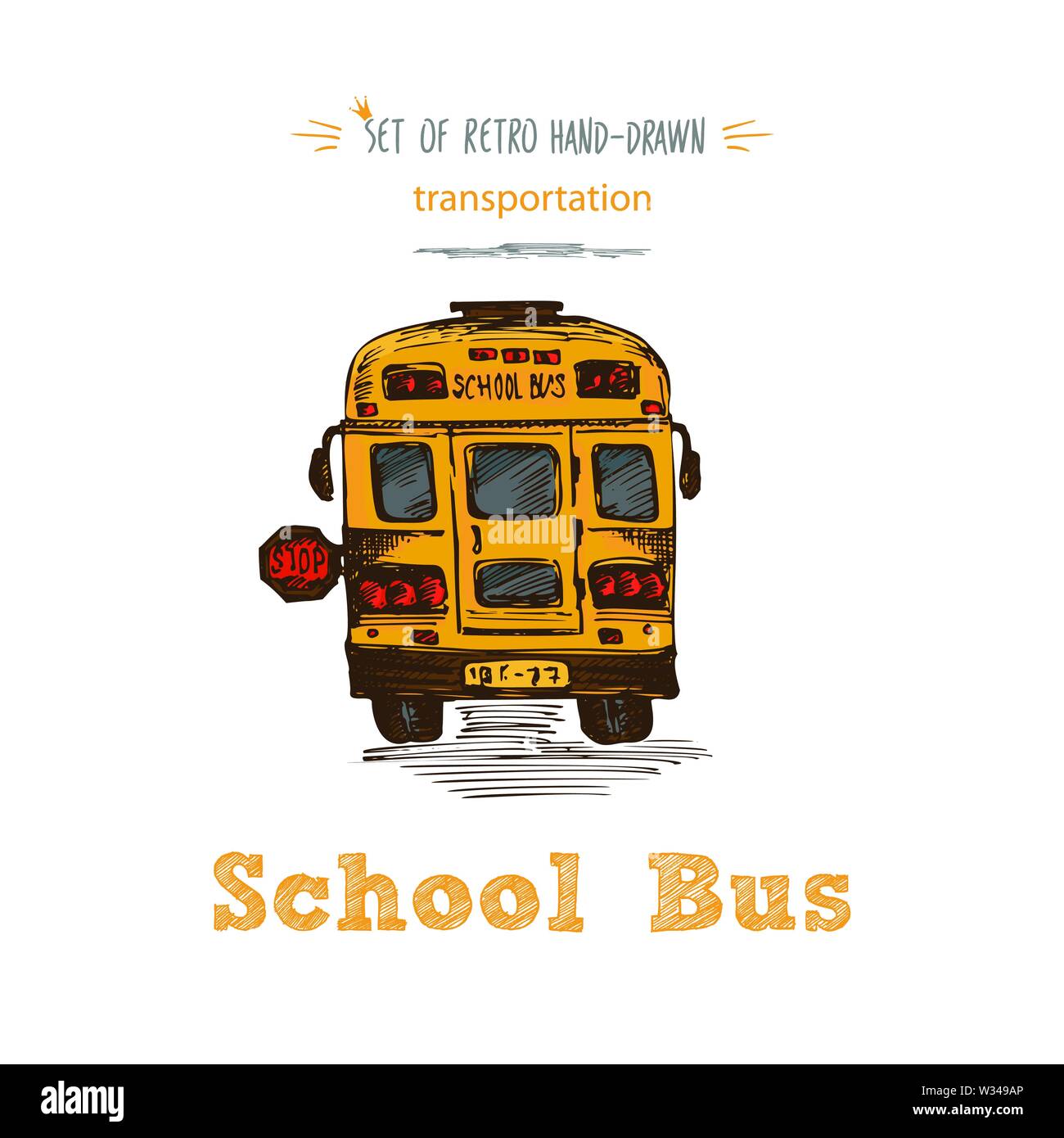 Hand drawn yellow school bus symbol isolated on white background. With ...