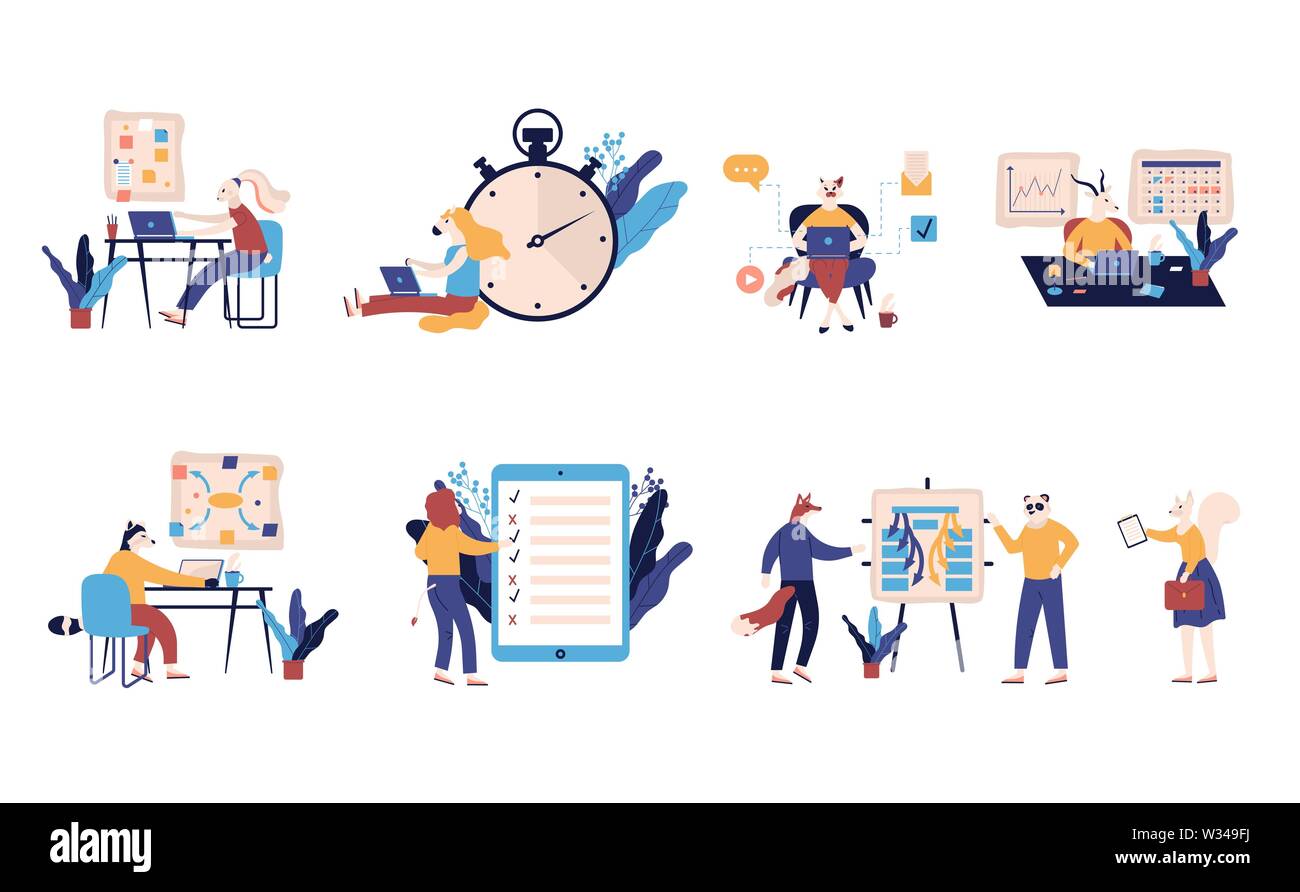 Set of scenes with efficient and effective time management and multitasking at work. Collection ...