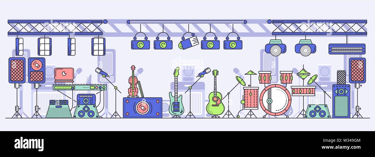 Rock concert preparing. Stage before show with microphones, spotlights ...