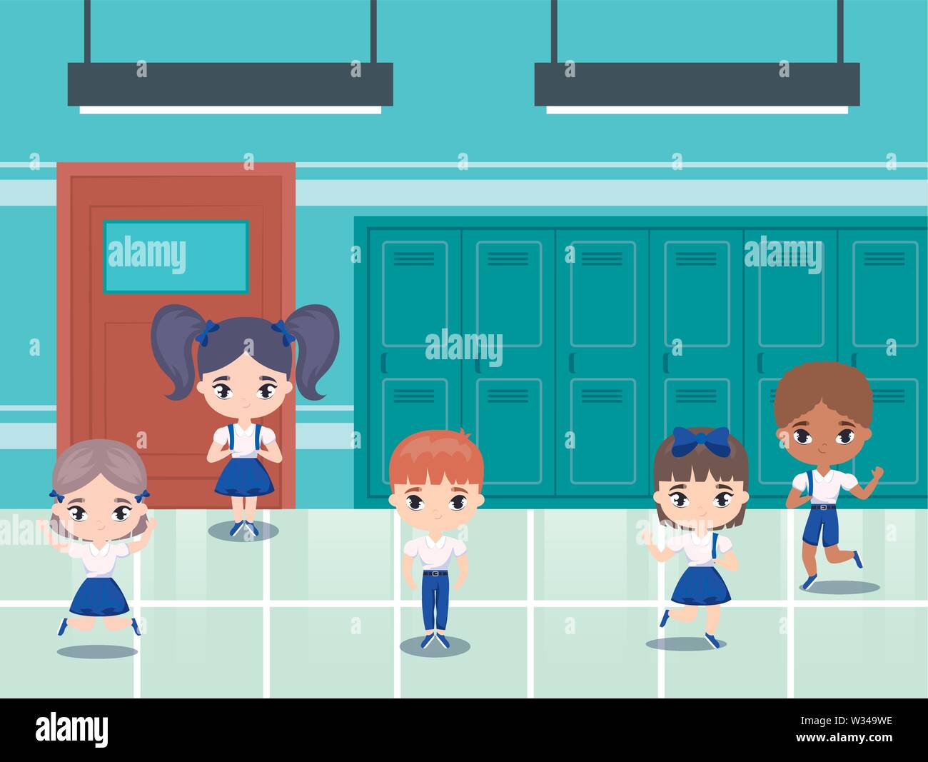 cute little students in school corridor vector illustration design ...