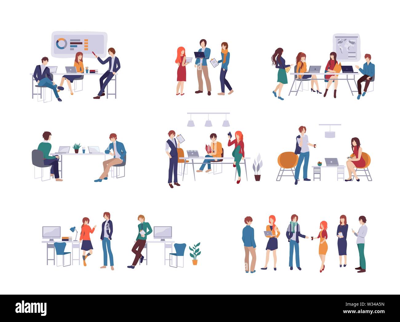 Colorful set in flat cartoon style. Collection of scenes at office ...