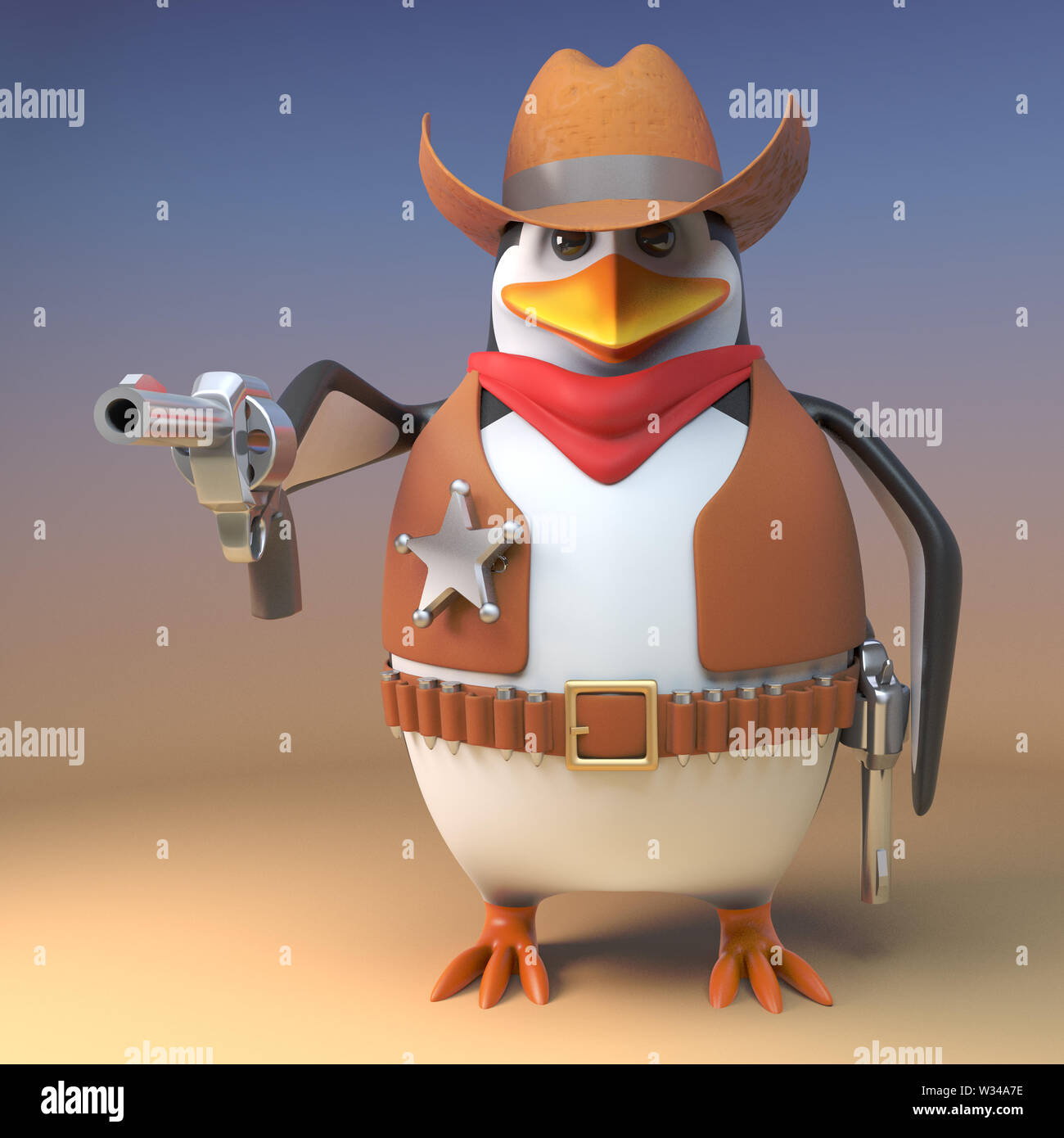 Wild west penguin sheriff cowboy has drawn his pistol and is pointing ...