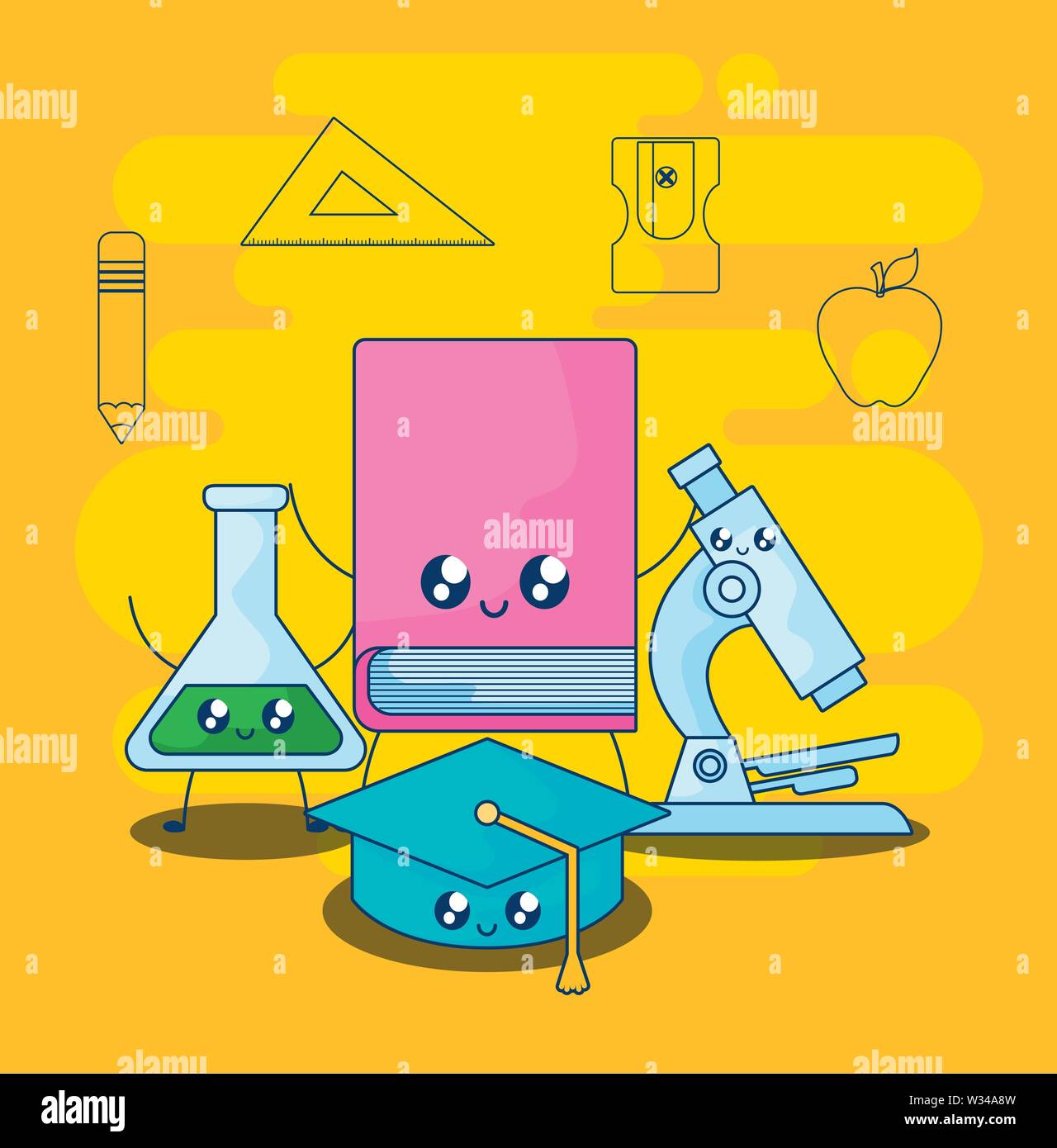 library book with set supplies school kawaii style vector illustration ...