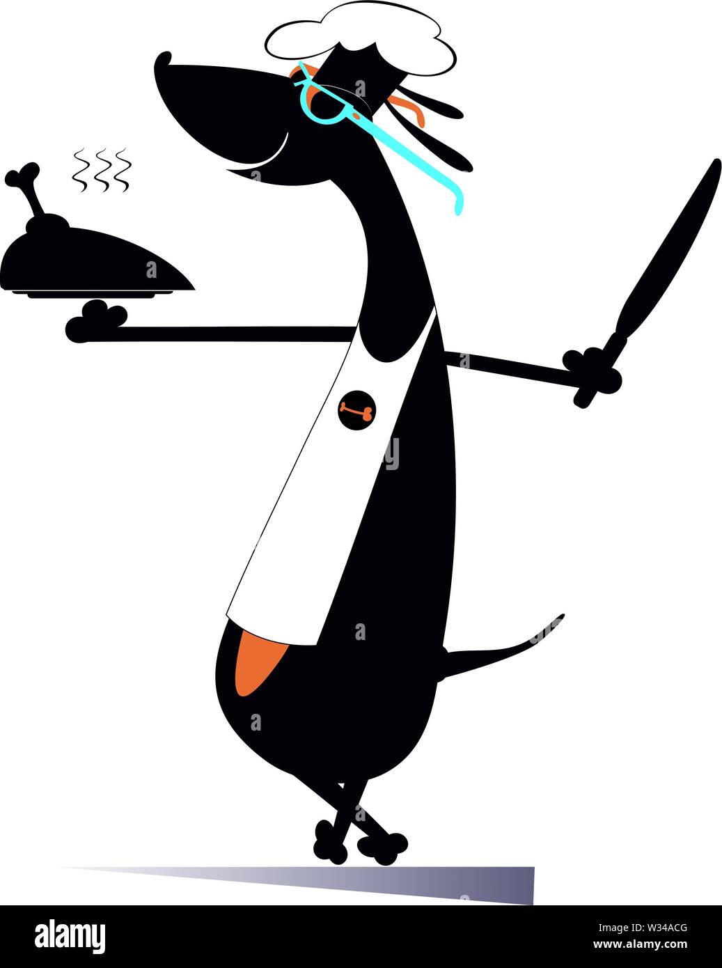 Cartoon dog a cook illustration. Comic dog carries a tray with meat and ...