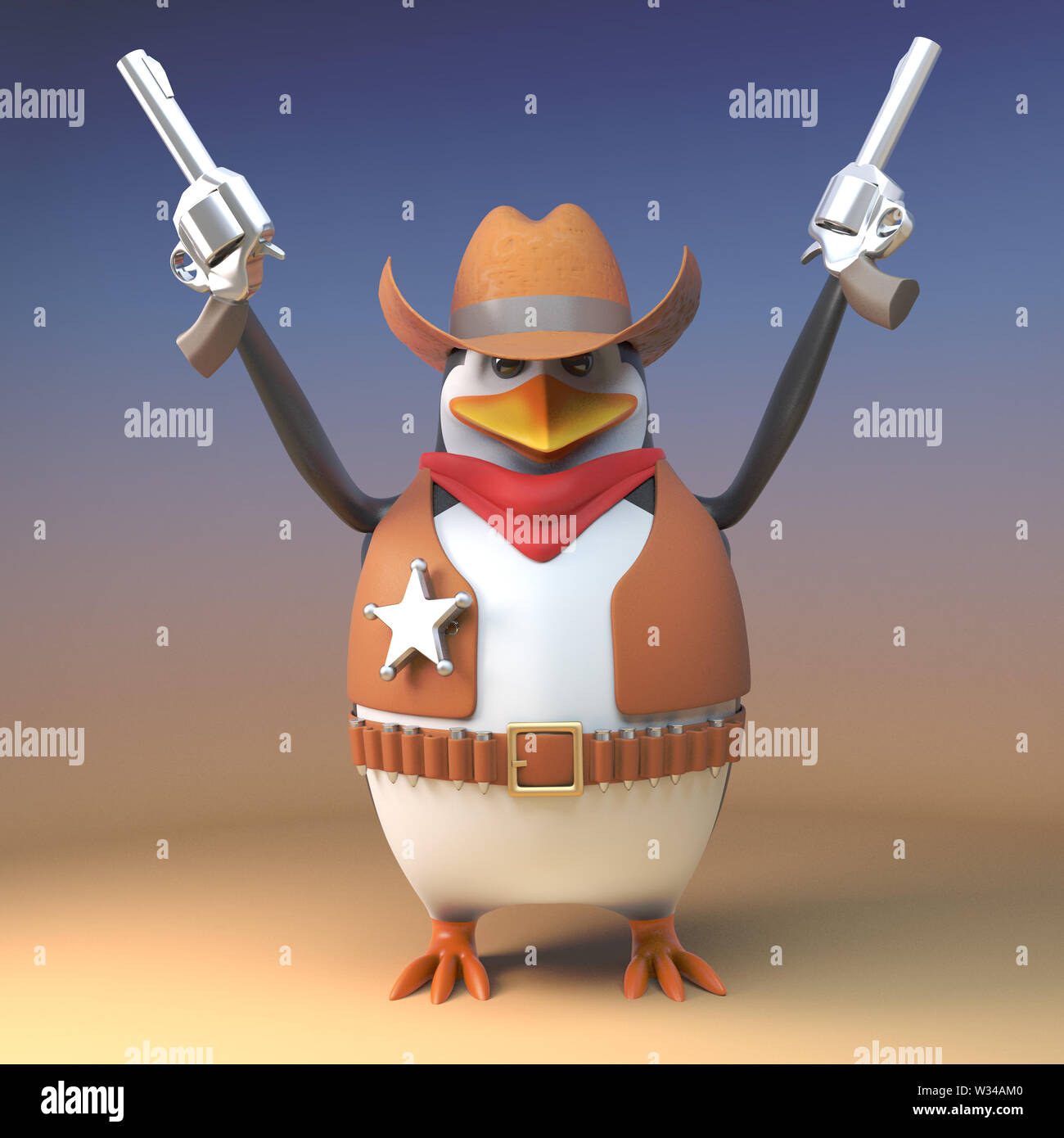 Angry cowboy penguin sheriff fires both his pistols in the air in the ...