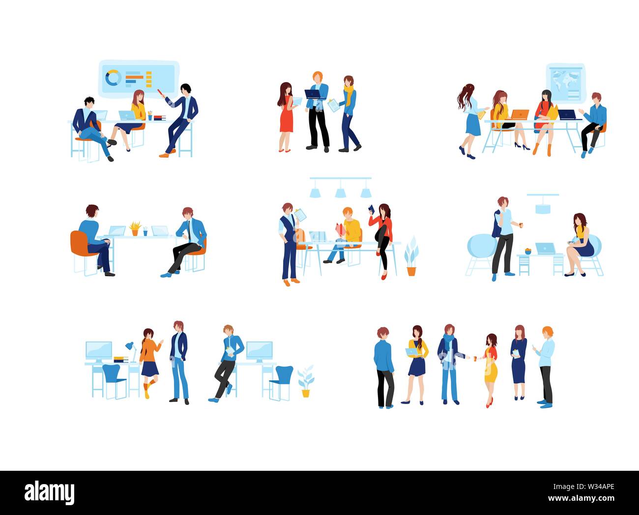 Colorful set in flat cartoon style. Collection of scenes at office ...