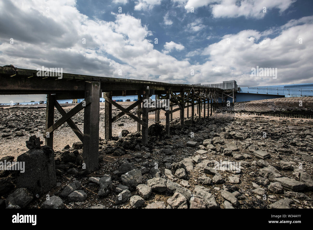 Canvey Island beach facing into the River Thames estuary a few miles ...