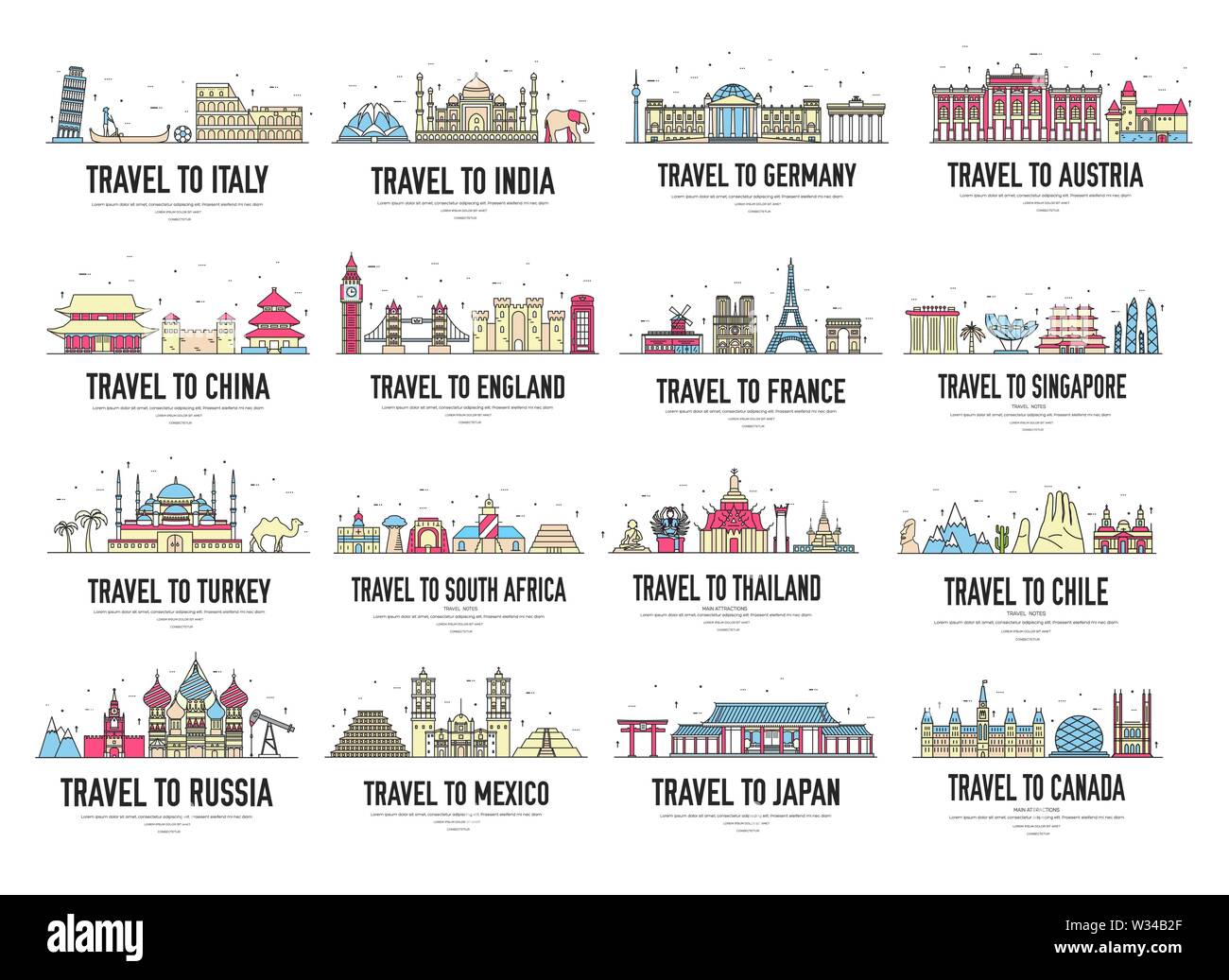Big set of horizontal vector banners with landmarks of different ...