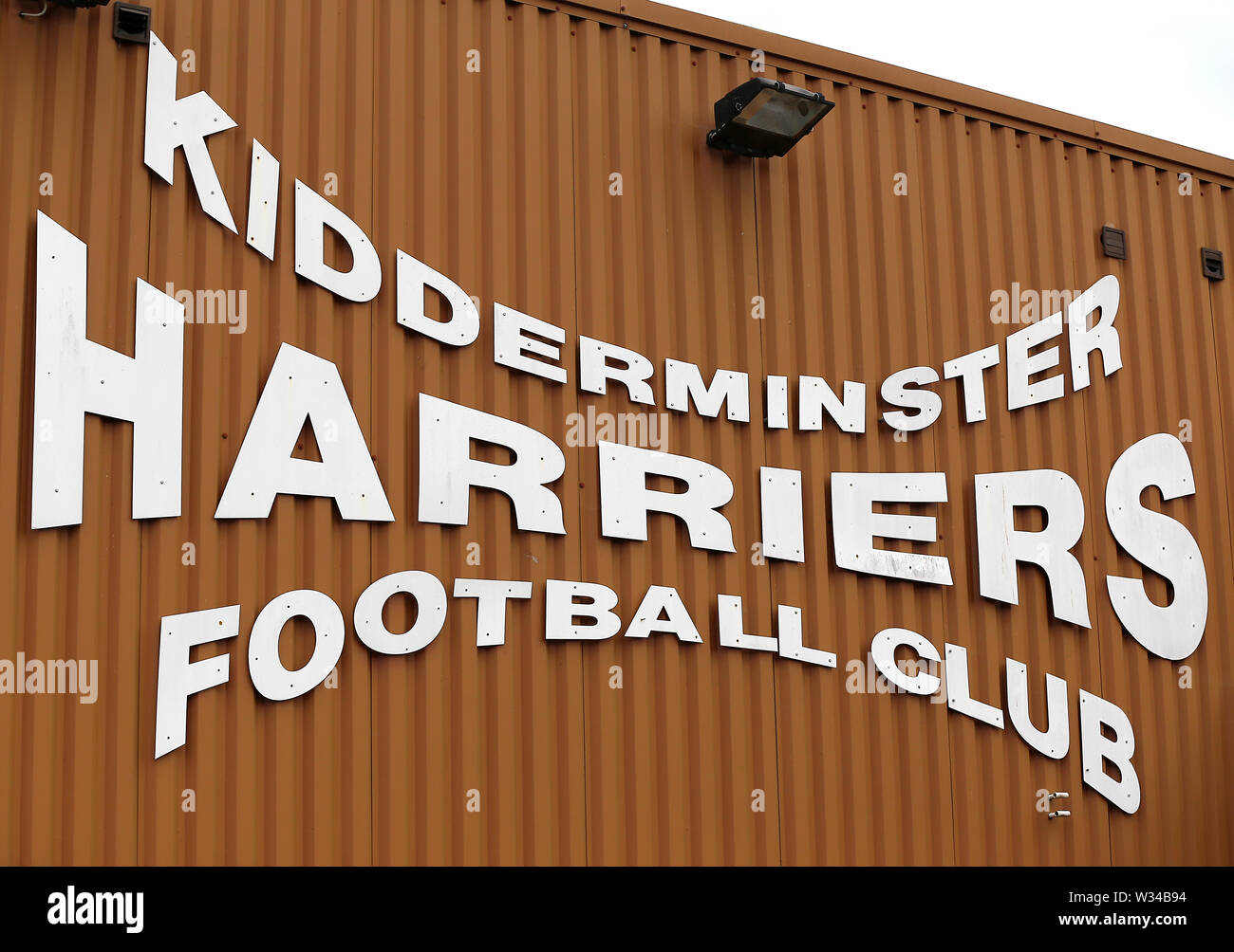General view of the Kidderminster Harriers signage outside the ground ...