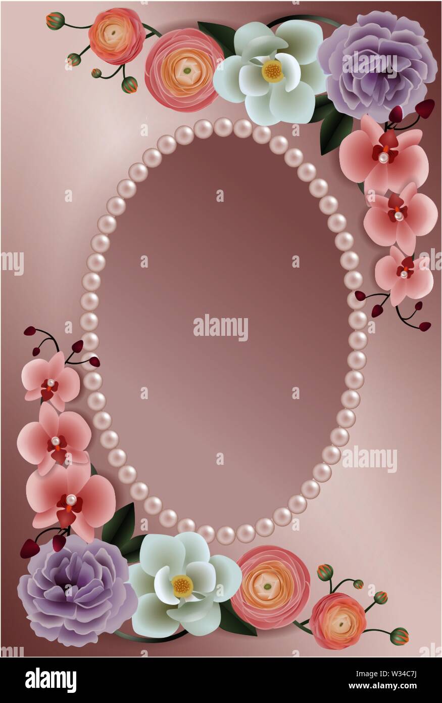 invitation card with flowers and decorative pink pearls frame Stock ...