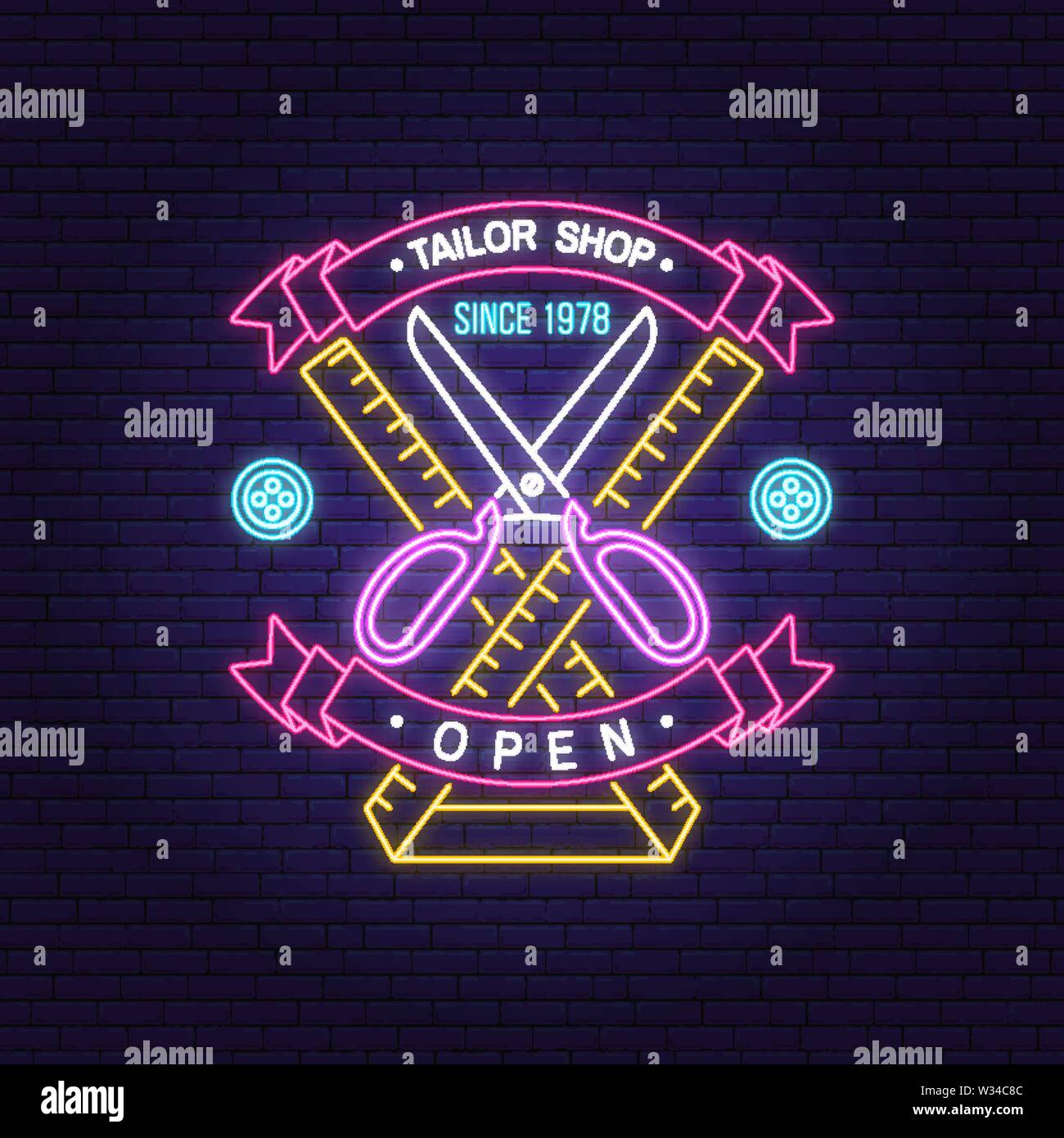 Tailor shop neon design or emblem. Vector illustration. Night neon ...