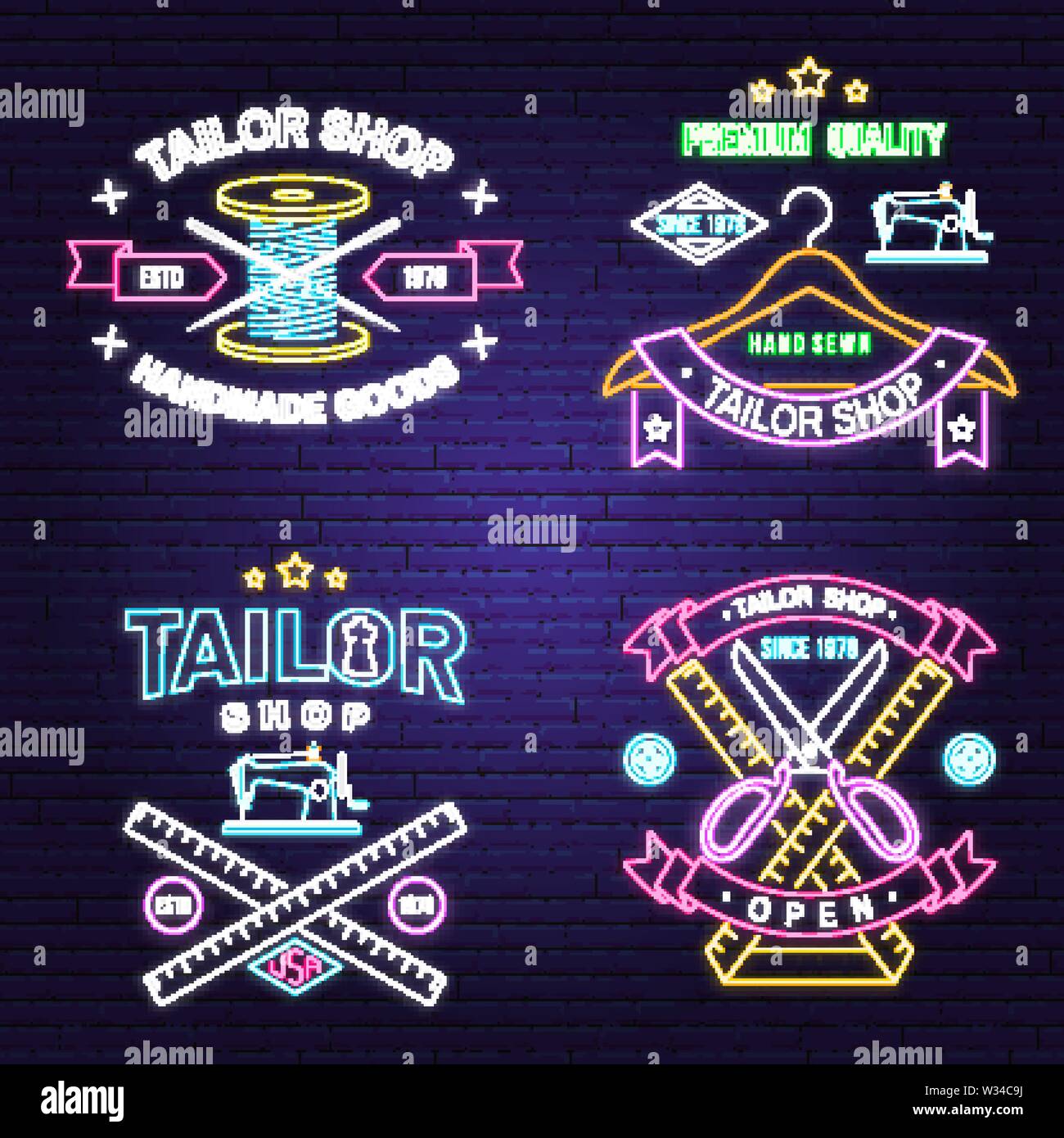 Tailor shop neon design or emblem. Vector illustration. Night neon ...