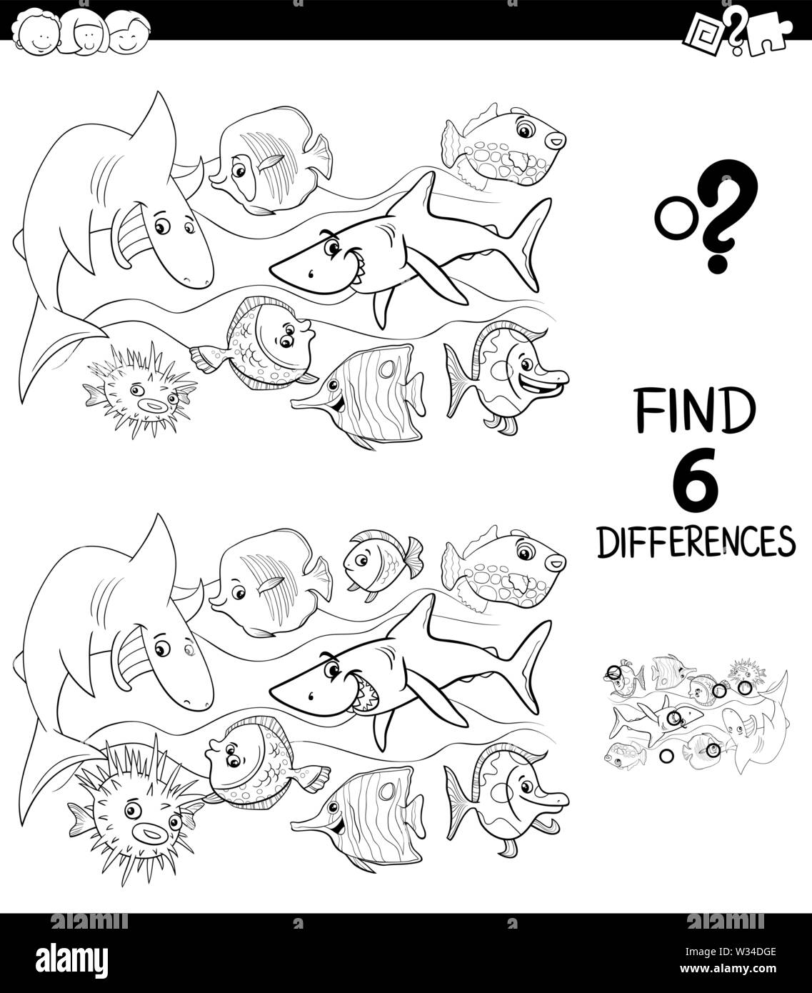Black and White Cartoon Illustration of Finding Six Differences Between ...