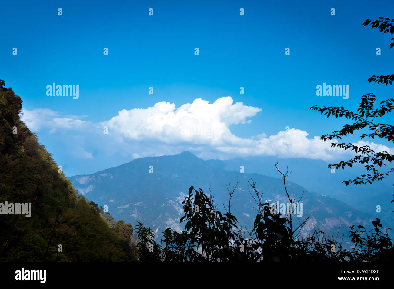 Himalayan valley mountain range background. Storm cloud over mountain ...