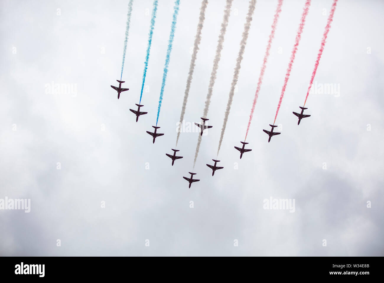 LONDON, UK - July 6th 2019: RAF Red Arrows flying in formation with ...