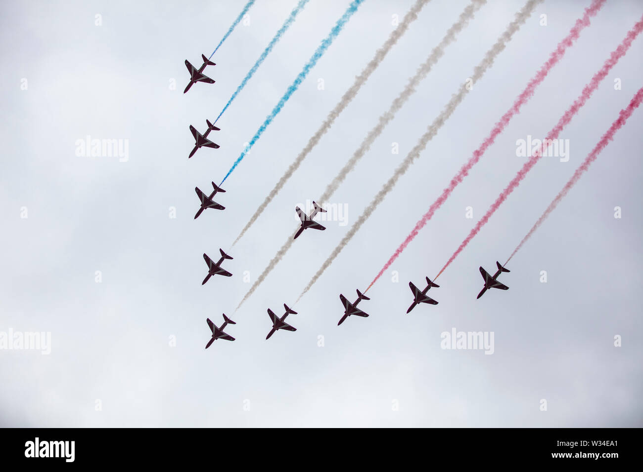 LONDON, UK - July 6th 2019: RAF Red Arrows flying in formation with ...