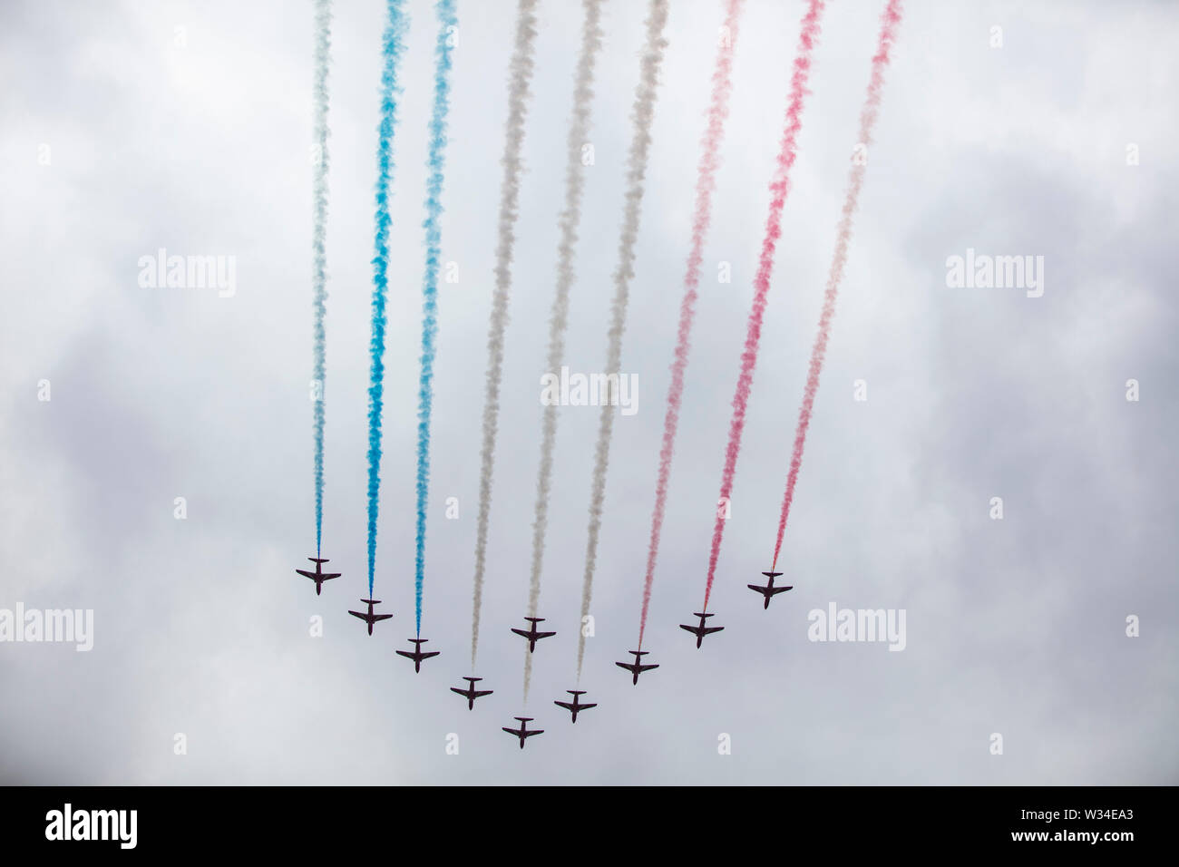 LONDON, UK - July 6th 2019: RAF Red Arrows flying in formation with ...