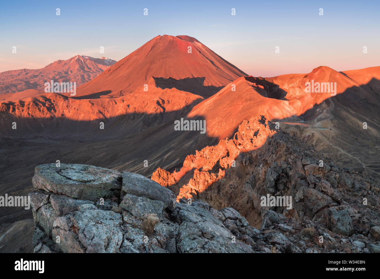 Early morning sunrise, landscape scenery of blue lake, wild mountains ...