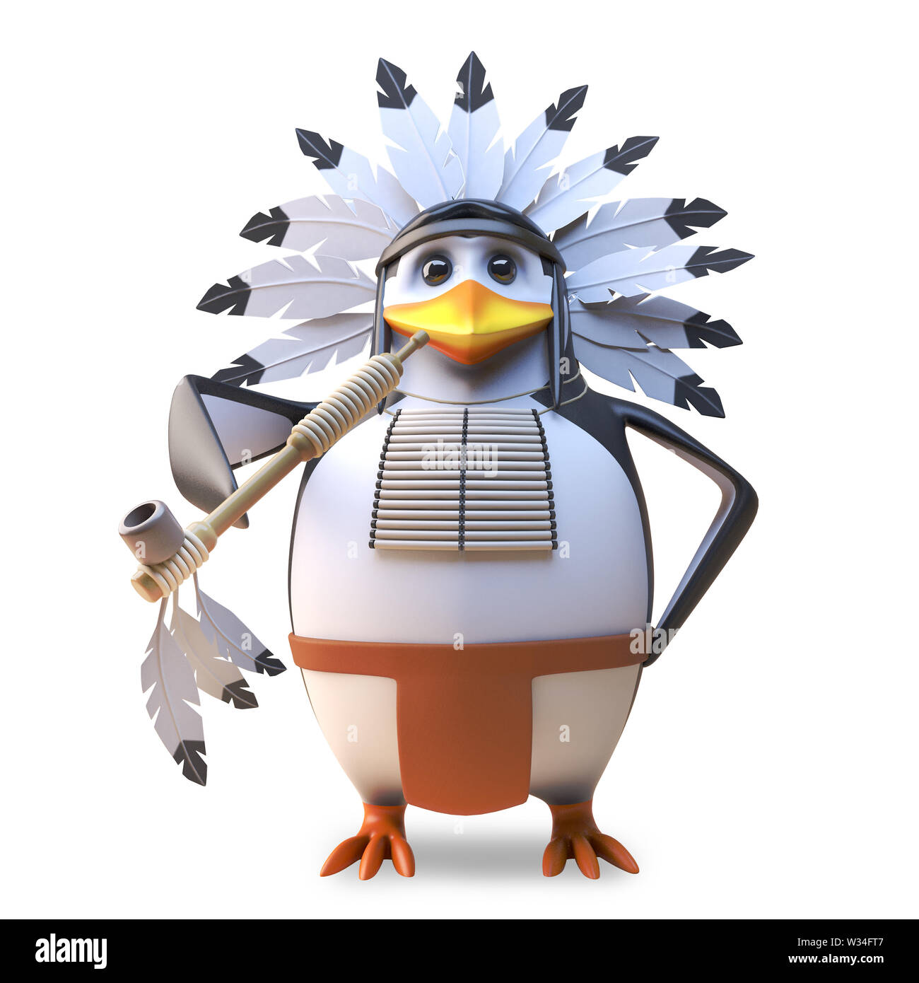 Noble native American Indian chief penguin smoking the peace pipe in ...