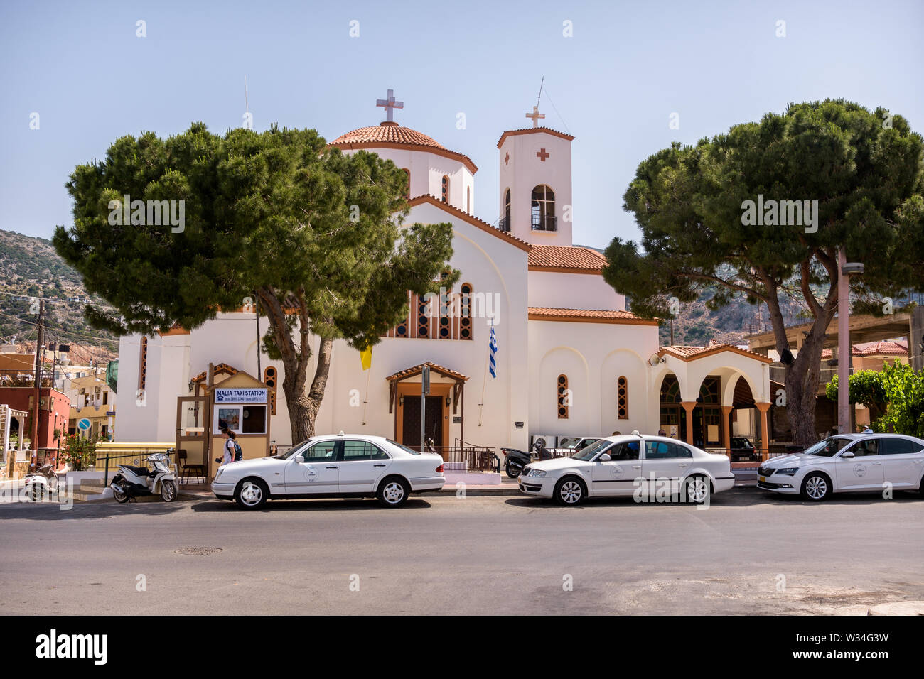 Malia, Crete, Greece - May 27, 2019. Daytime view of the church in ...