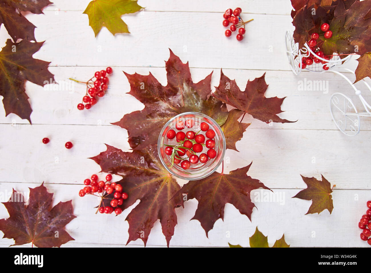 Glass of hot viburnum tea with rosemary on white wooden background ...