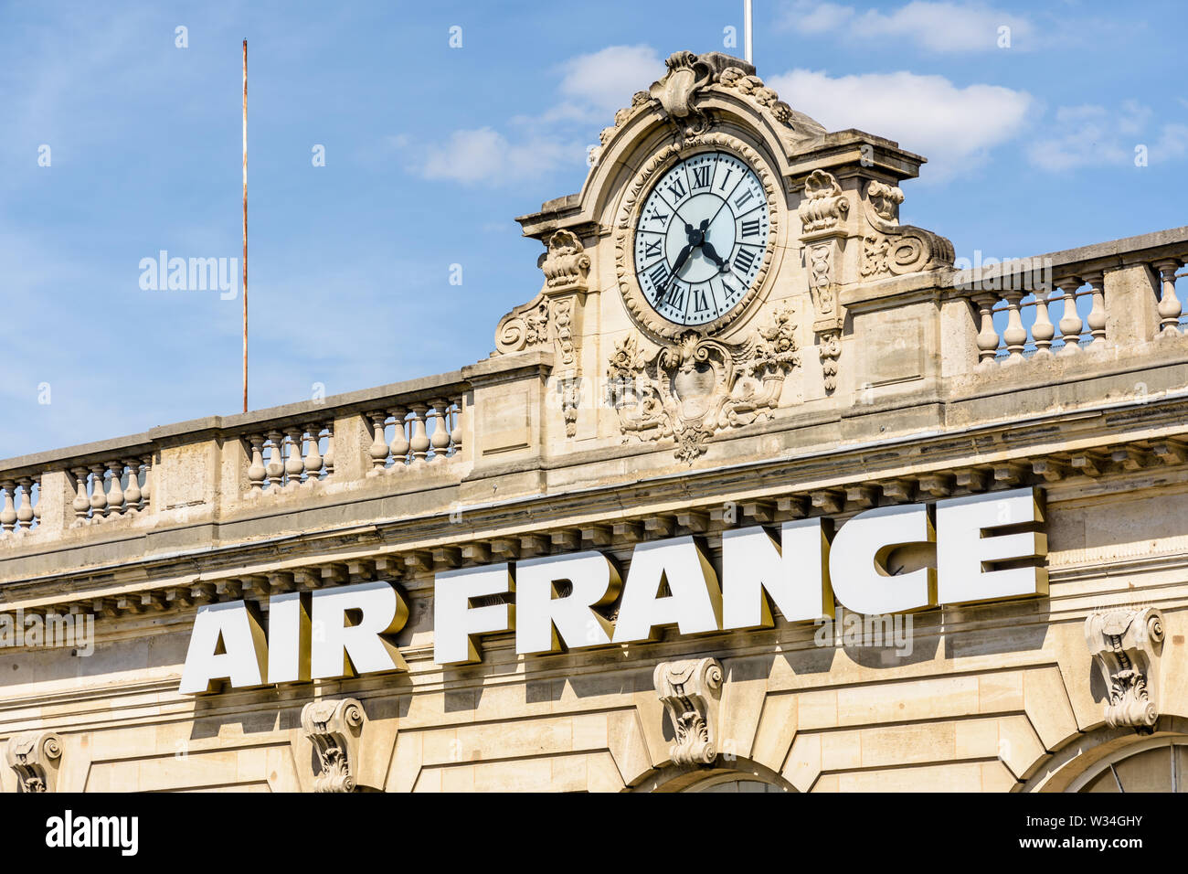 The Air France sign is affixed to the facade of the Invalides air ...