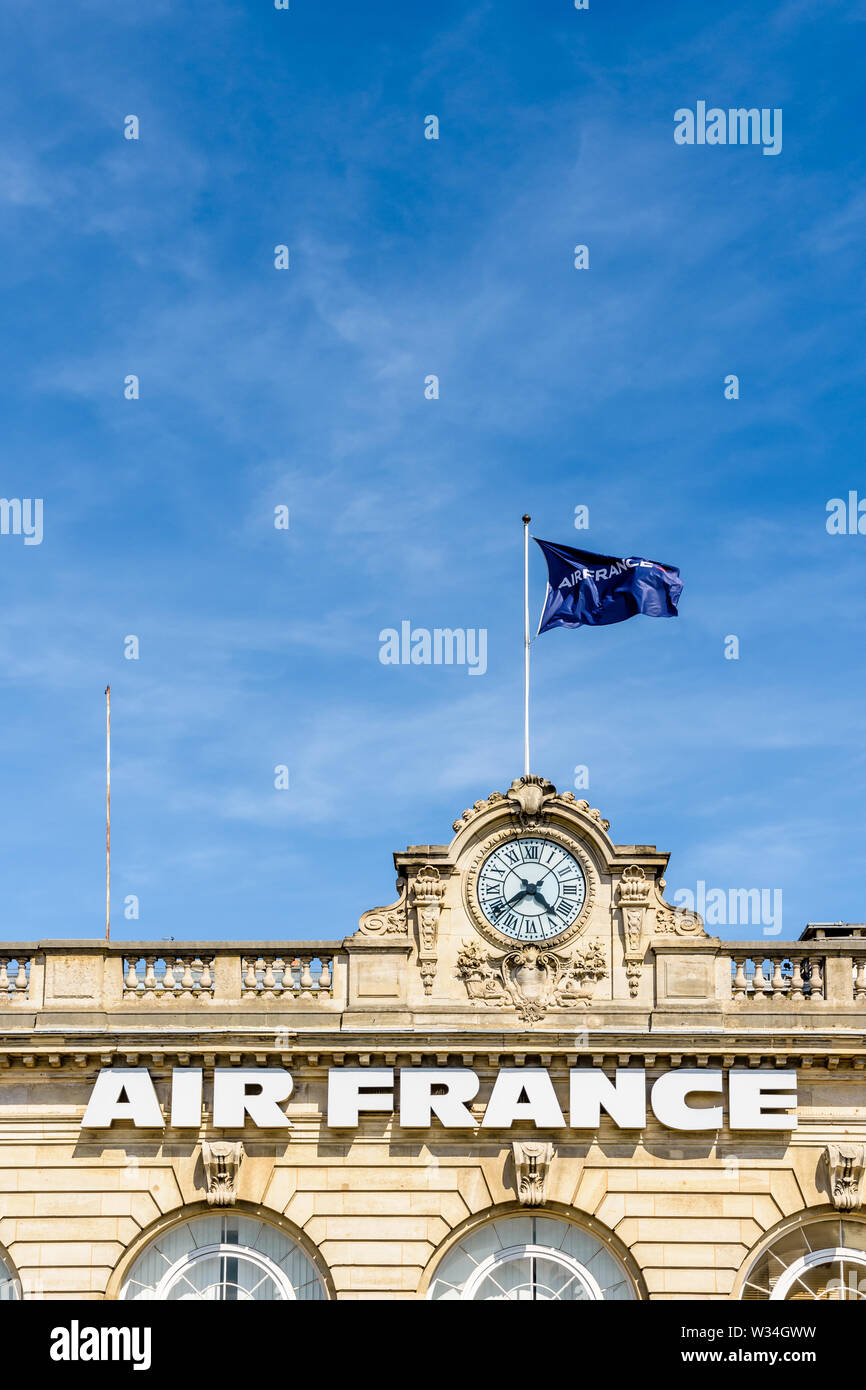 The Air France sign is affixed to the facade of the Invalides air ...