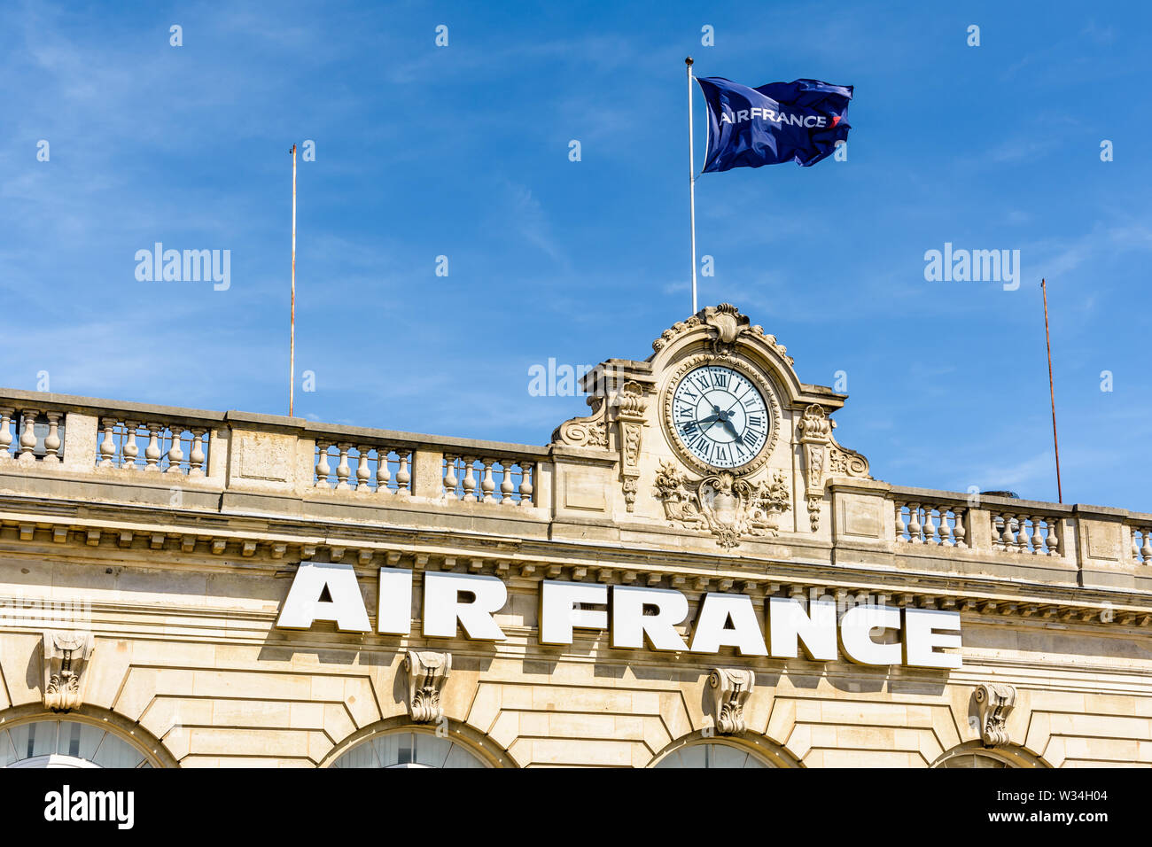 The Air France sign is affixed to the facade of the Invalides air ...