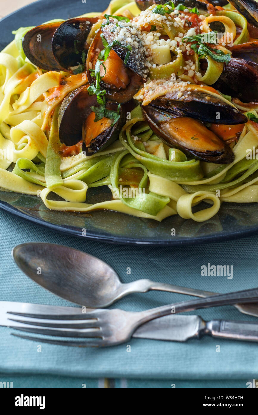 Seafood shell-on mussels marinara Italian seafood dish with tagliatelle ...