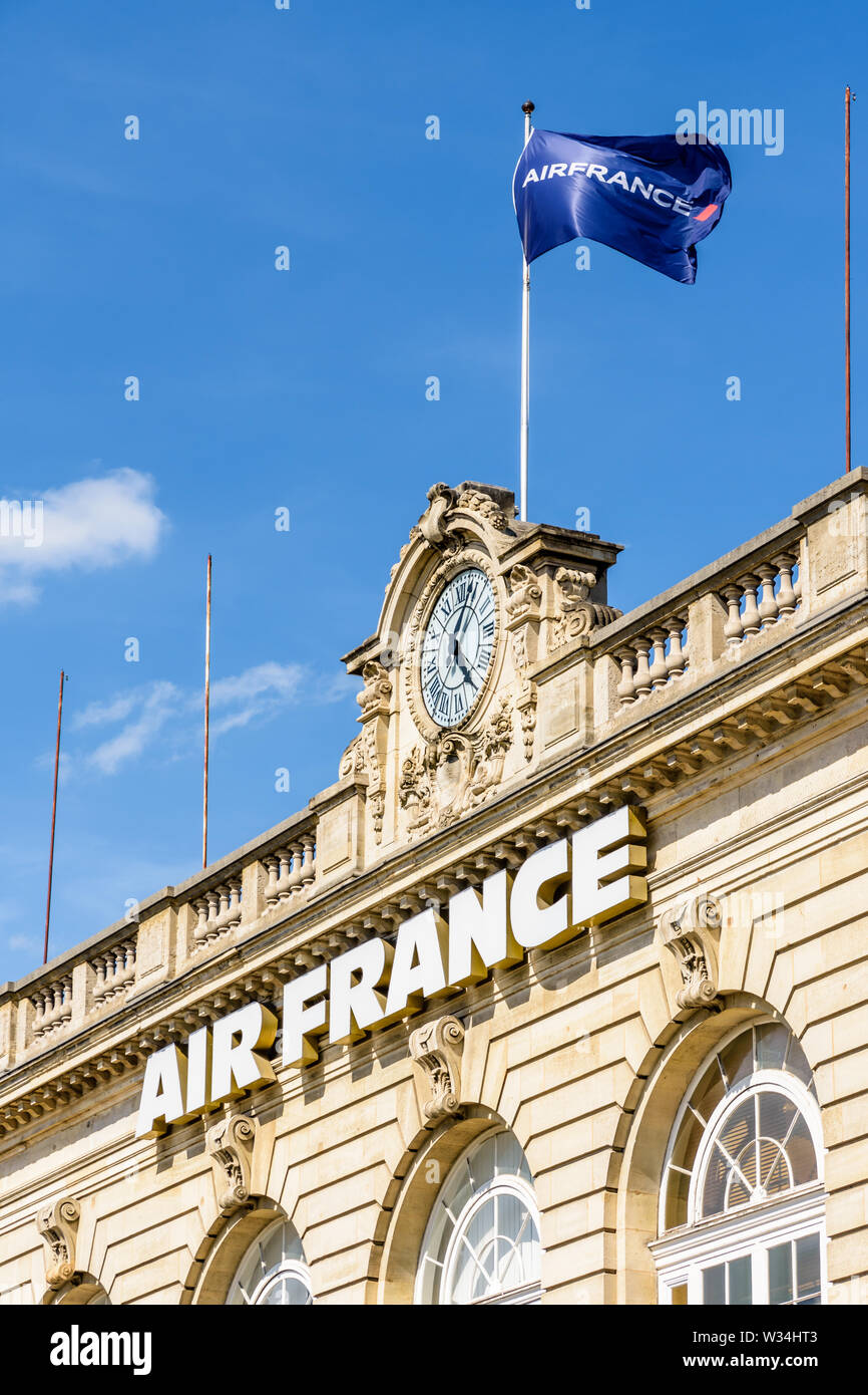 The Air France sign is affixed to the facade of the Invalides air ...