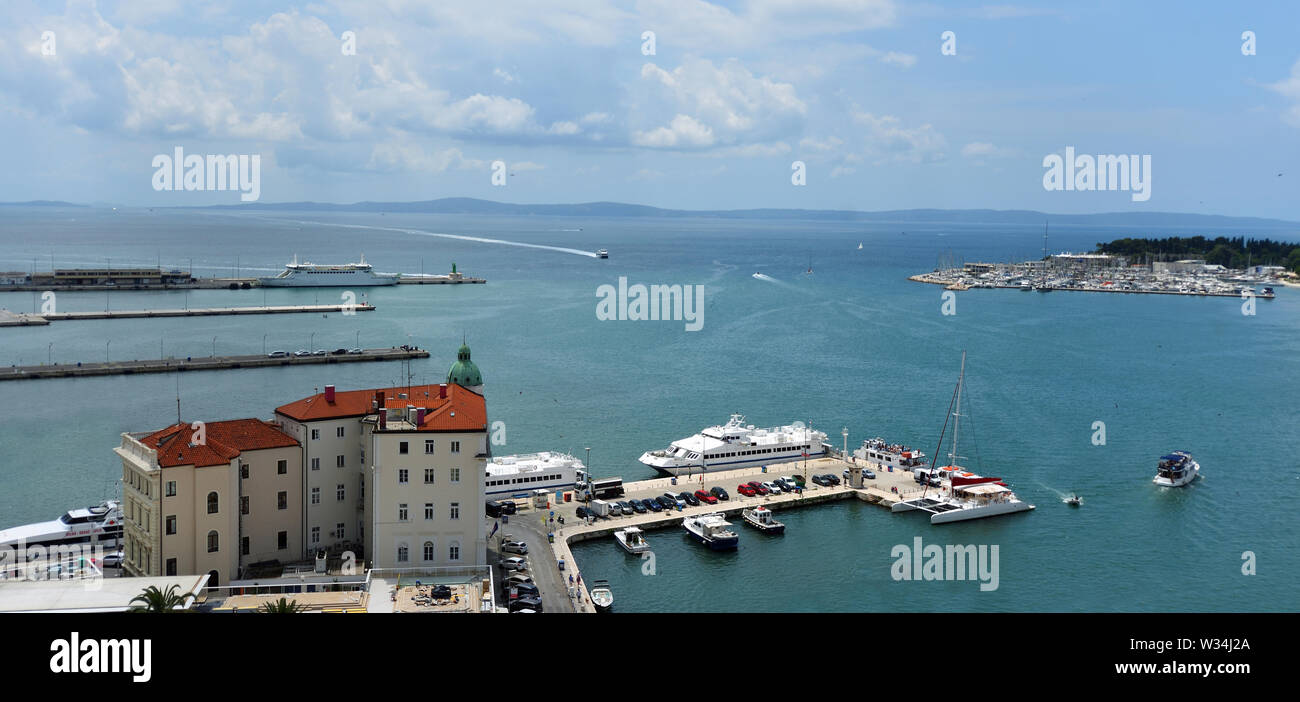 The Waterfront at Split Croatia with boats in harbour and the Island of ...
