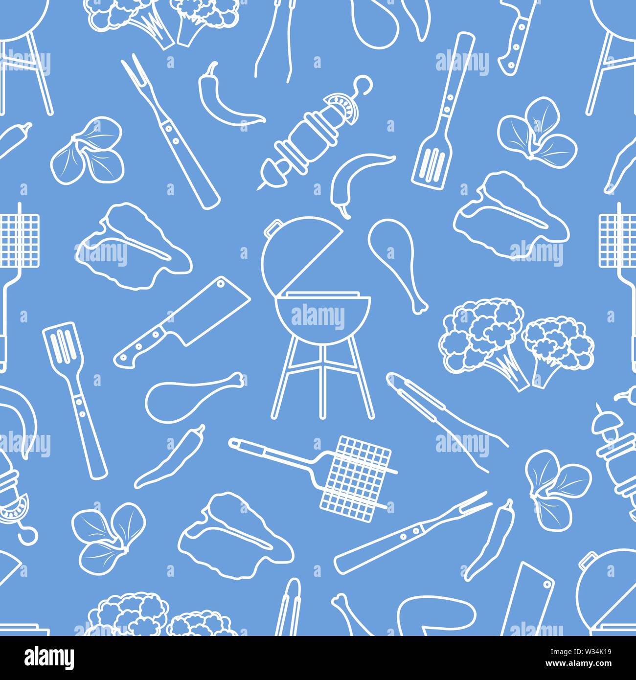 Seamless pattern with grill and barbecue tools, food. BBQ party ...