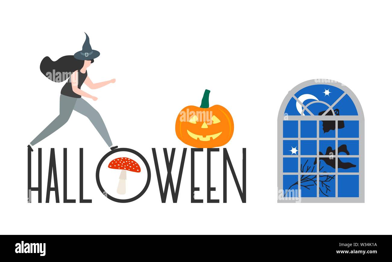 Halloween vector illustration with inscription Halloween, witch, hat ...