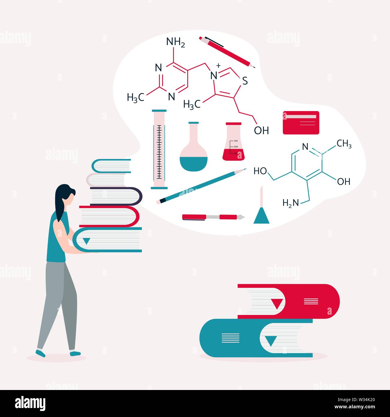 Vector illustration with girl, stack of books. Education, study ...