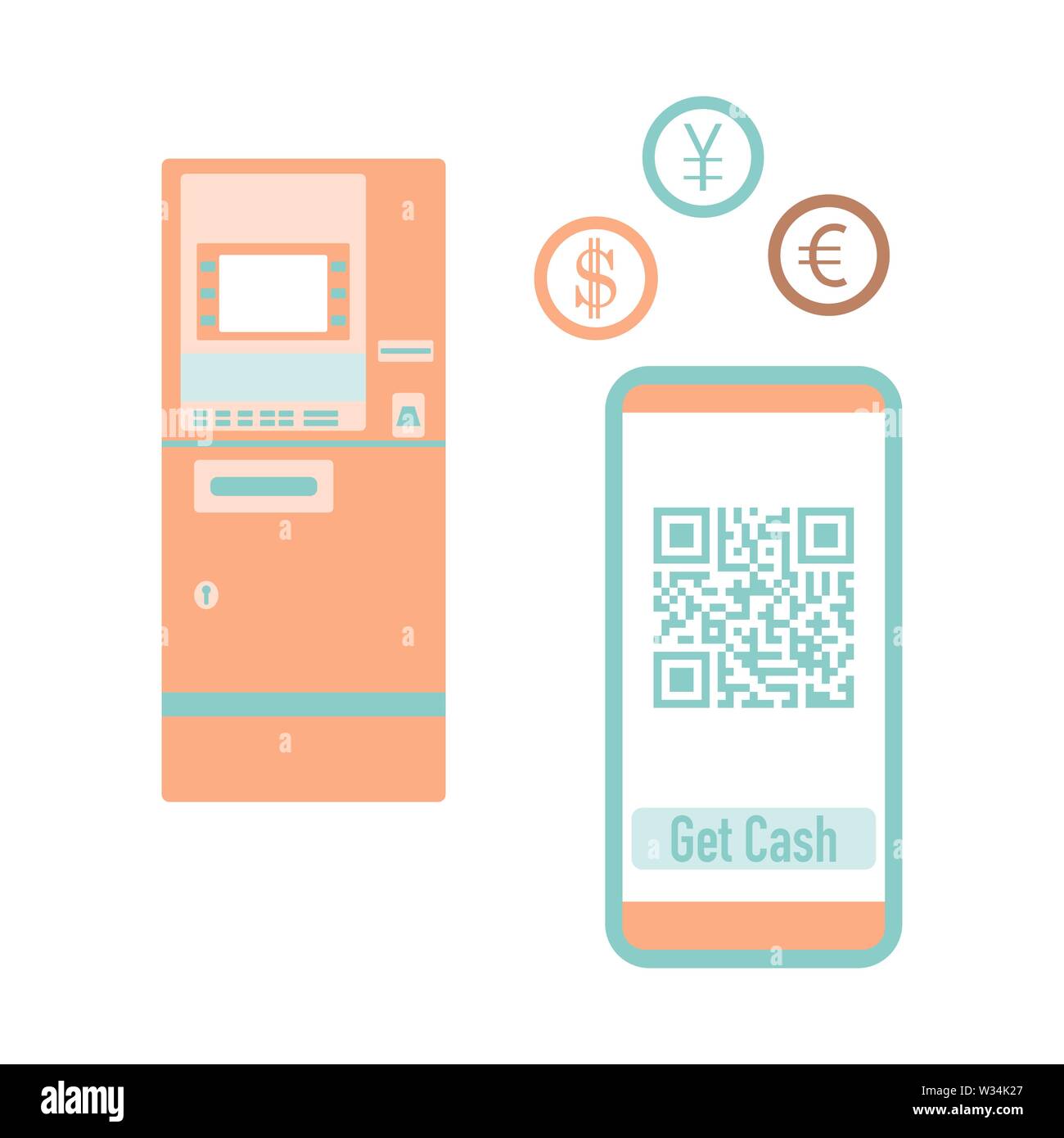 Vector illustration with phone with qr code, ATM cash withdrawal ...